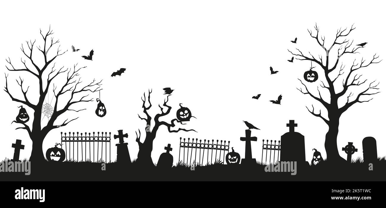 Halloween cemetery silhouette. Cemetery graves and trees, graveyard fence and crosses, Jack o ...