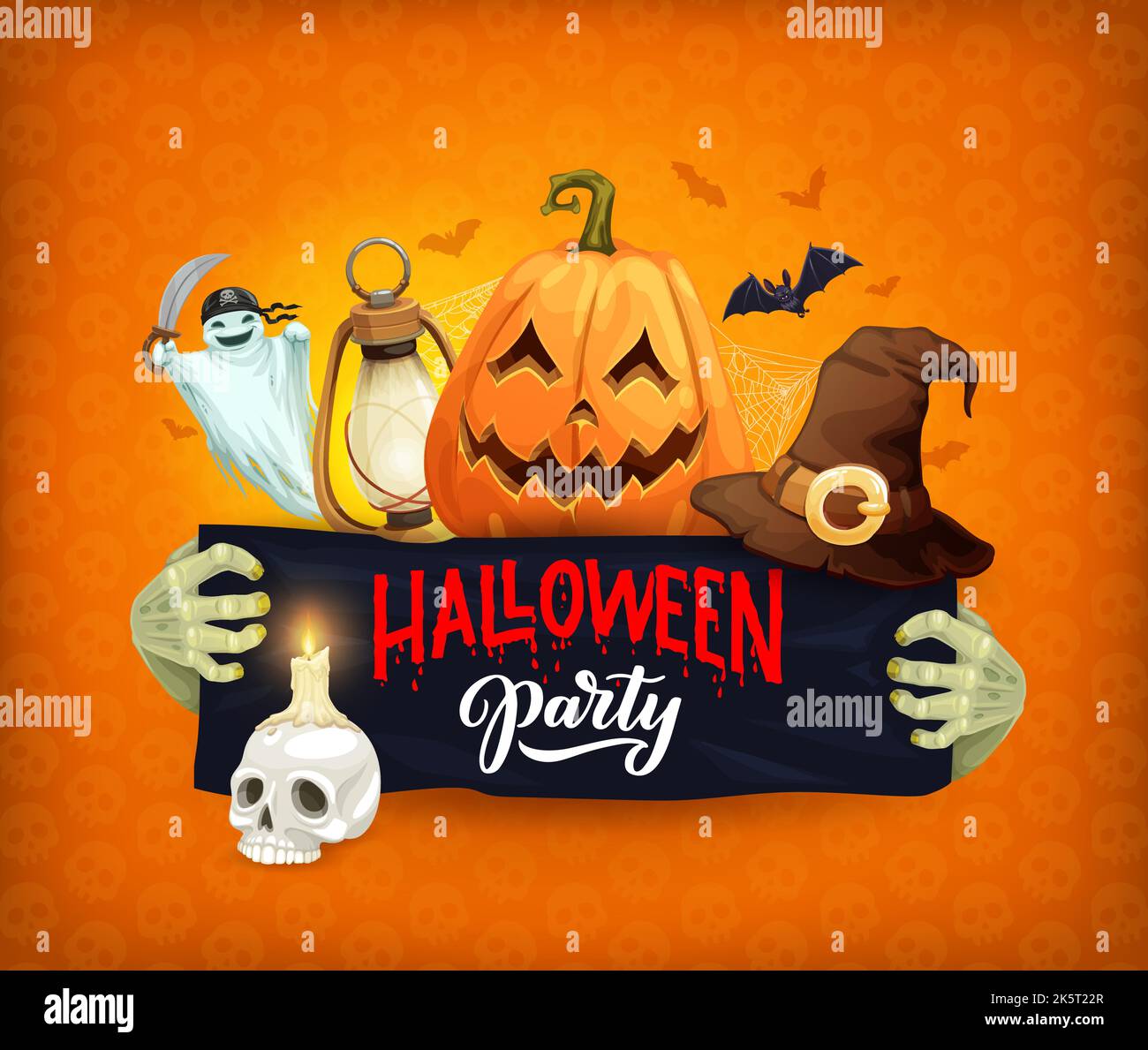 Halloween party banner. Cartoon pirate ghost, funny pumpkin Jack o ...