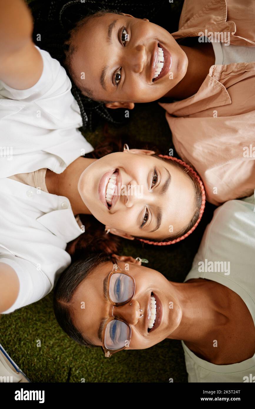 Top view, students or diversity in fun selfie in university, women ...