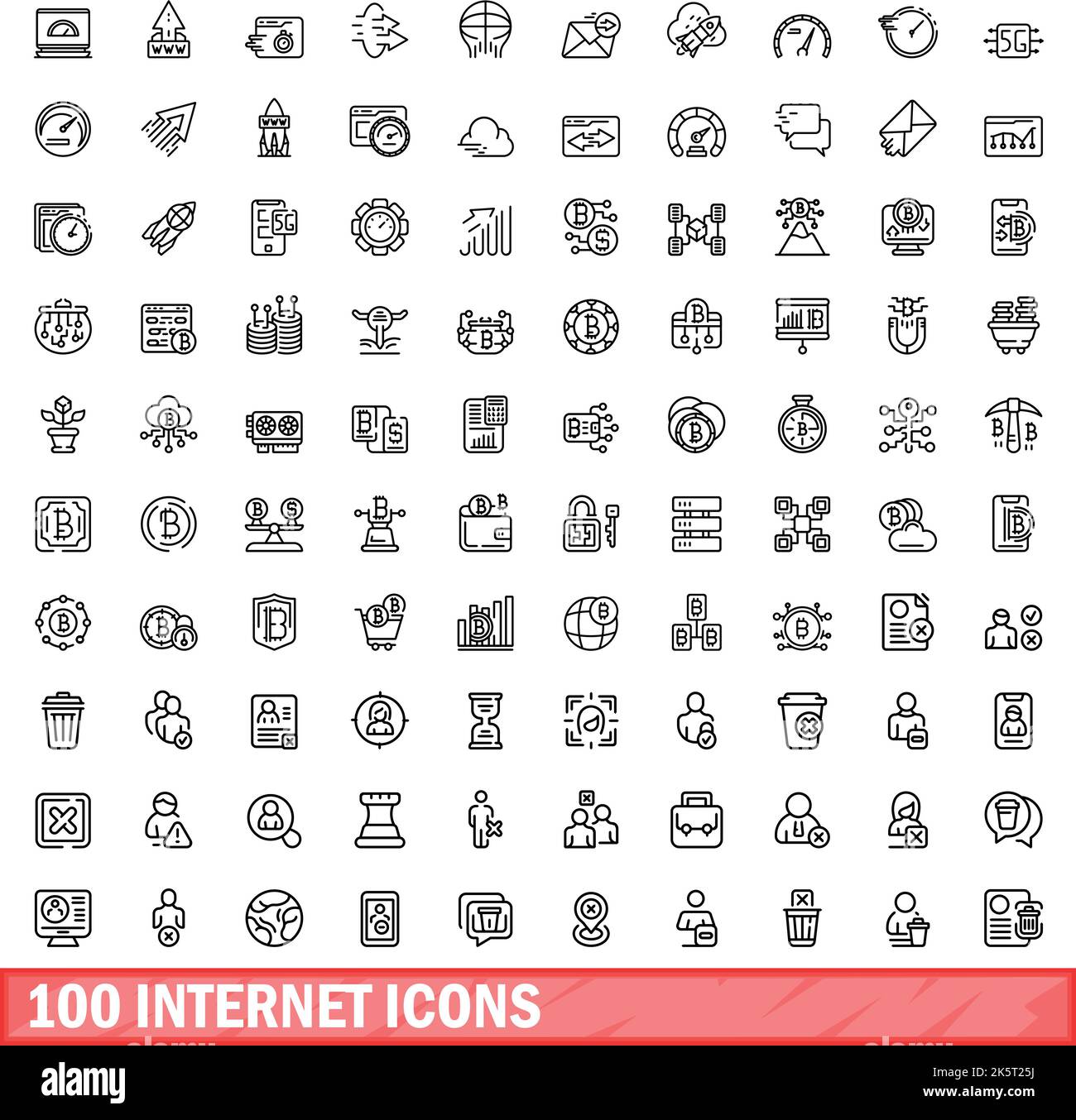 100 internet icons set. Outline illustration of 100 internet icons ...