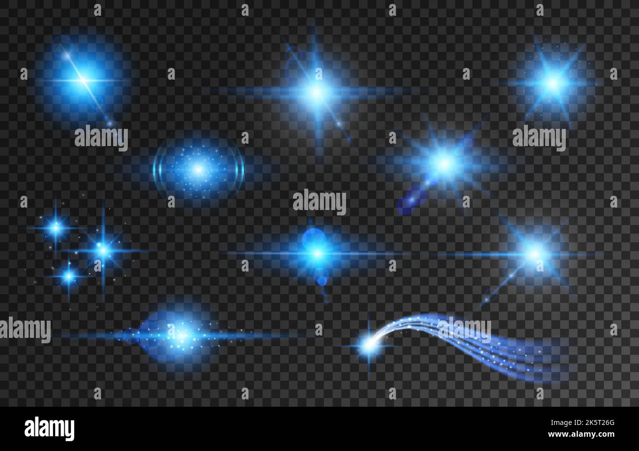 Blue lens flare, star light and glow. Spotlight white 3d flare or flash ...