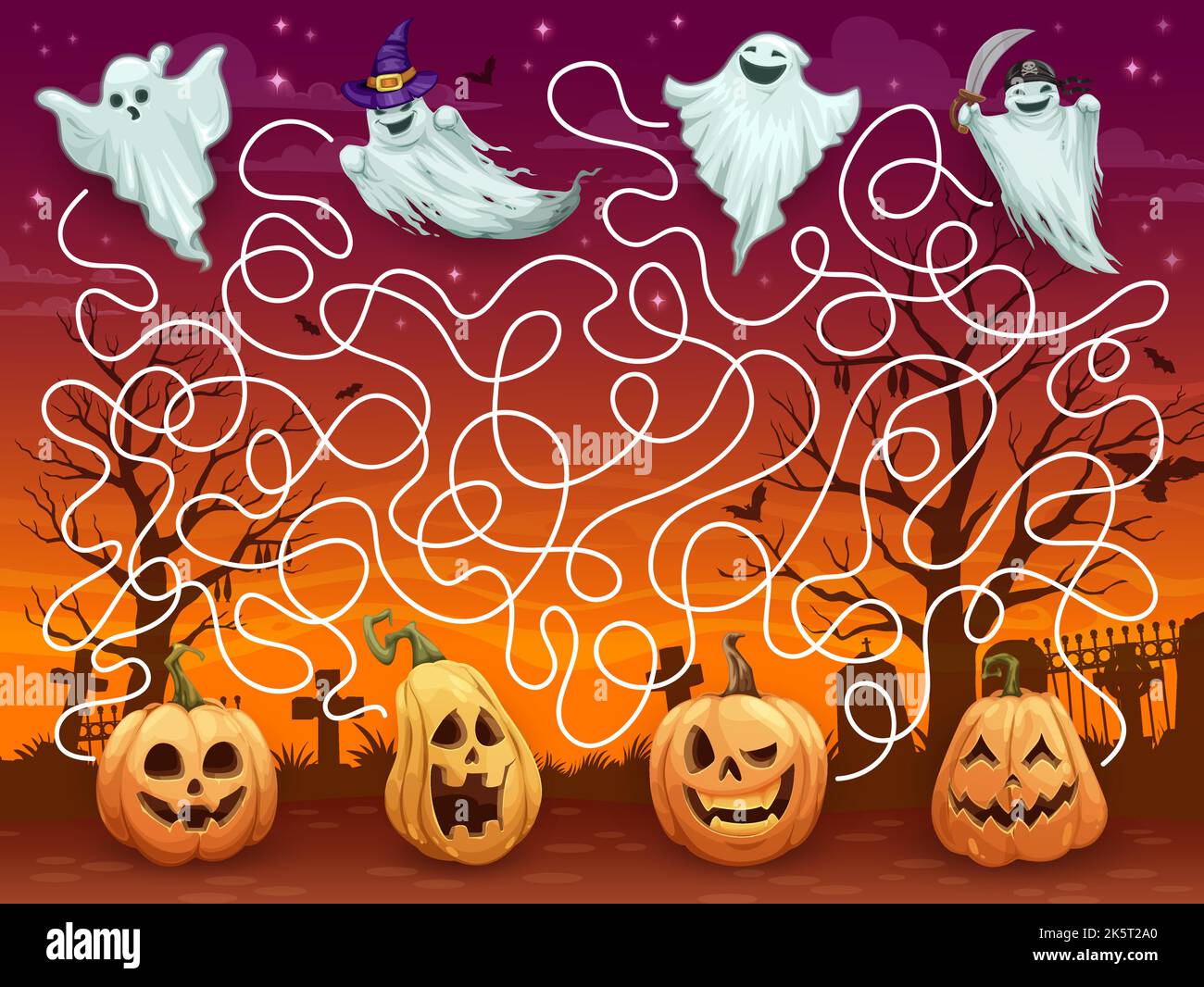 Cartoon Halloween labyrinth maze with funny ghosts and pumpkin ...