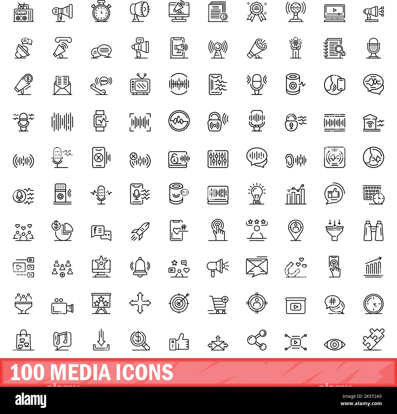 100 media icons set. Outline illustration of 100 media icons vector set ...
