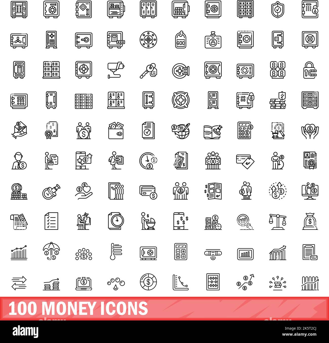 100 money icons set. Outline illustration of 100 money icons vector set ...