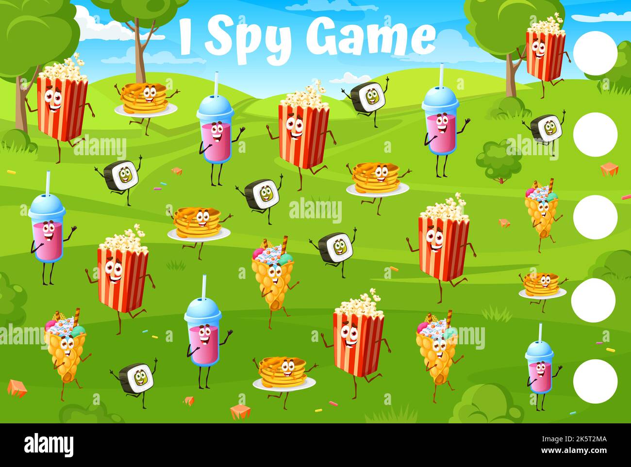 I spy game worksheet of cartoon fast food and desserts characters on ...