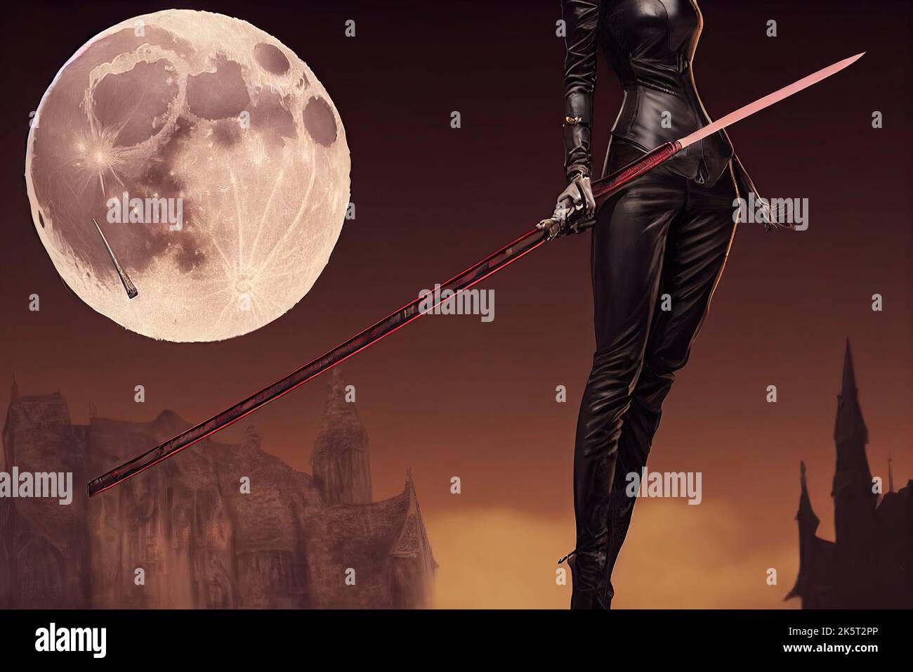 A Beautiful Vampire Hunter Girl In A Leather Suit With A Long Magic Saber Night And Fog Outside
