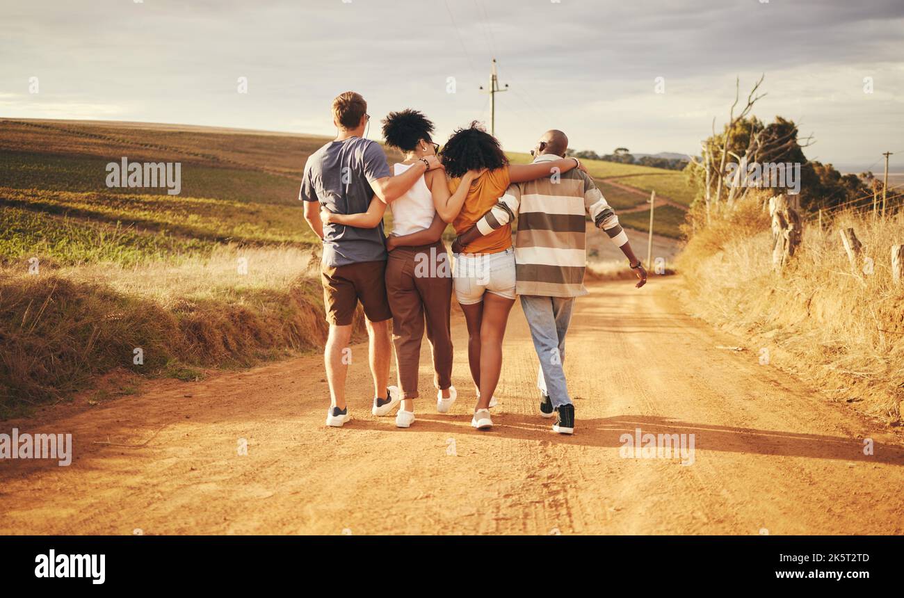 Friends, hug and vacation in the countryside for holiday travel ...