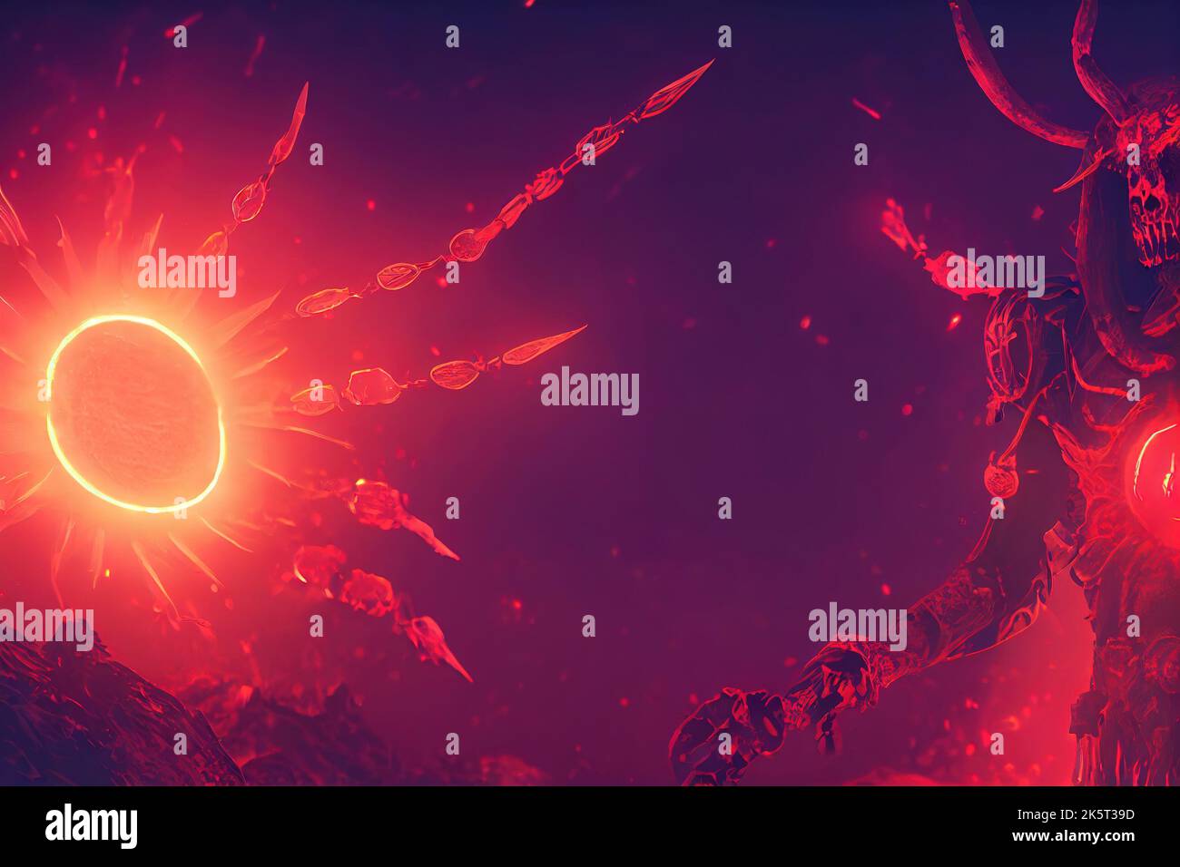 Dead warrior - skull. Tormented by red glowing souls, lot of glowing ...