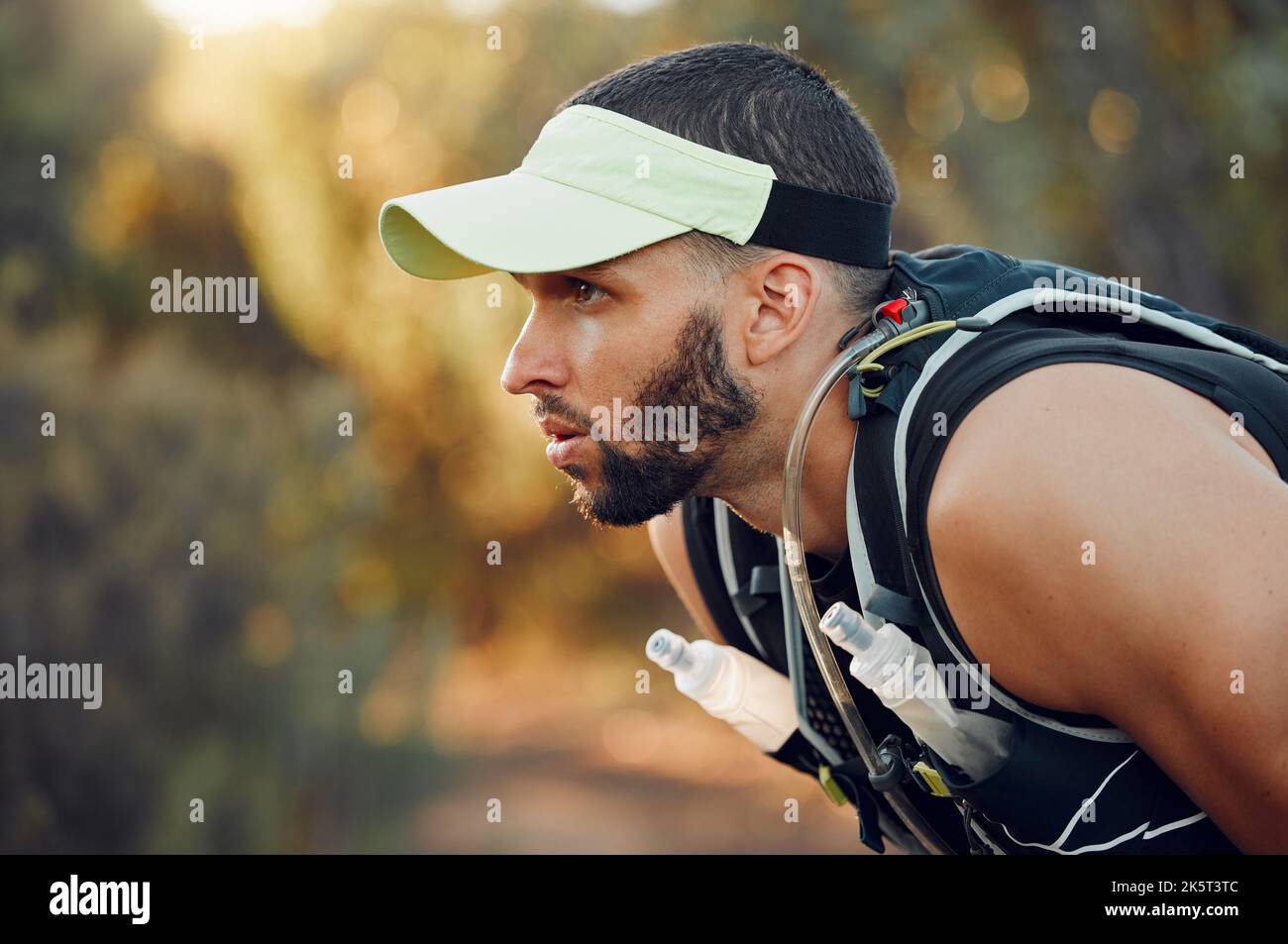 Thinking, focus and outdoor running man challenge, breathing and tired ...