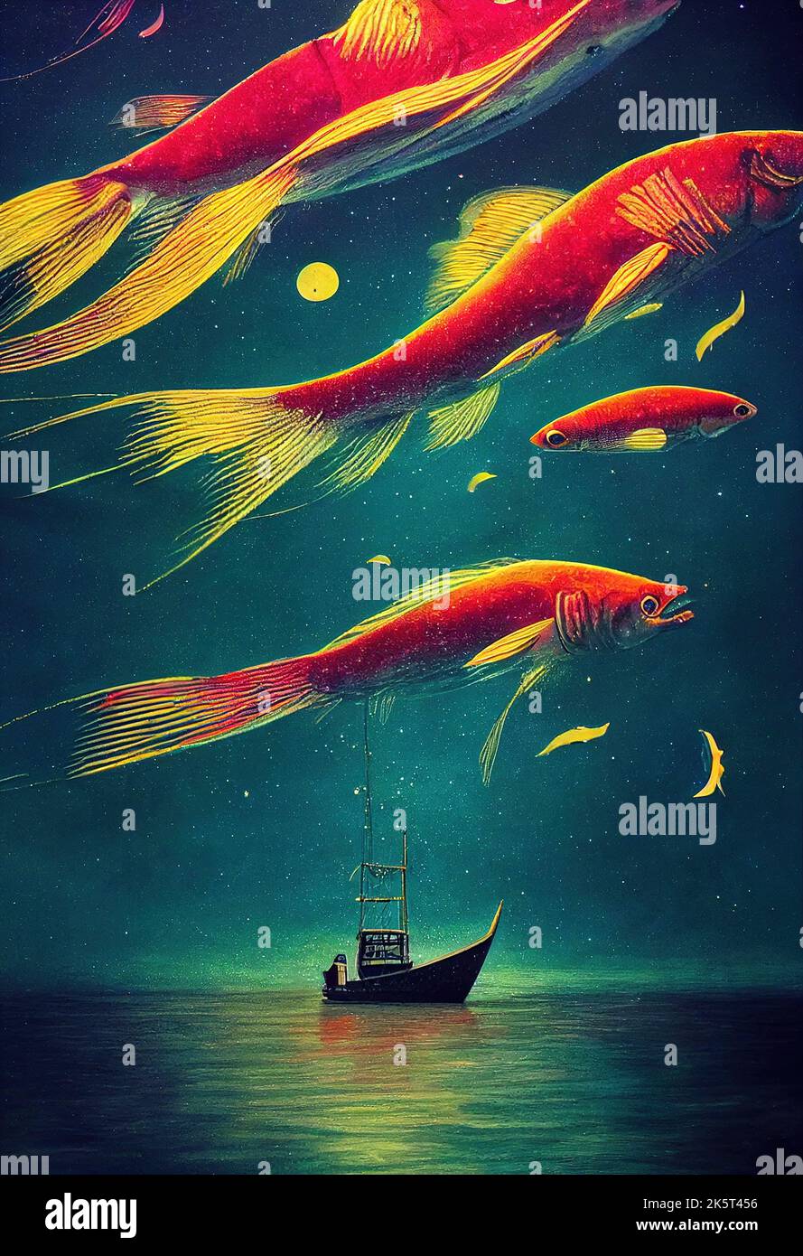 A vertical artwork of a surreal drawing of a fisherman's boat in a ...