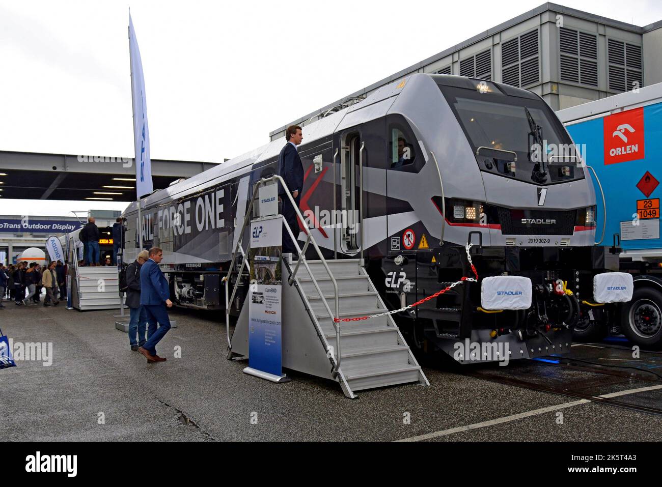 A Stadler Euro 9000 hybrid locomotive on display at Innotrans ...
