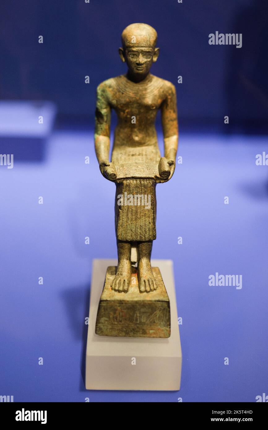 Madrid, Spain. 09th Oct, 2022. Imhotep statue seen displayed during the exhibition "Mummies of ...