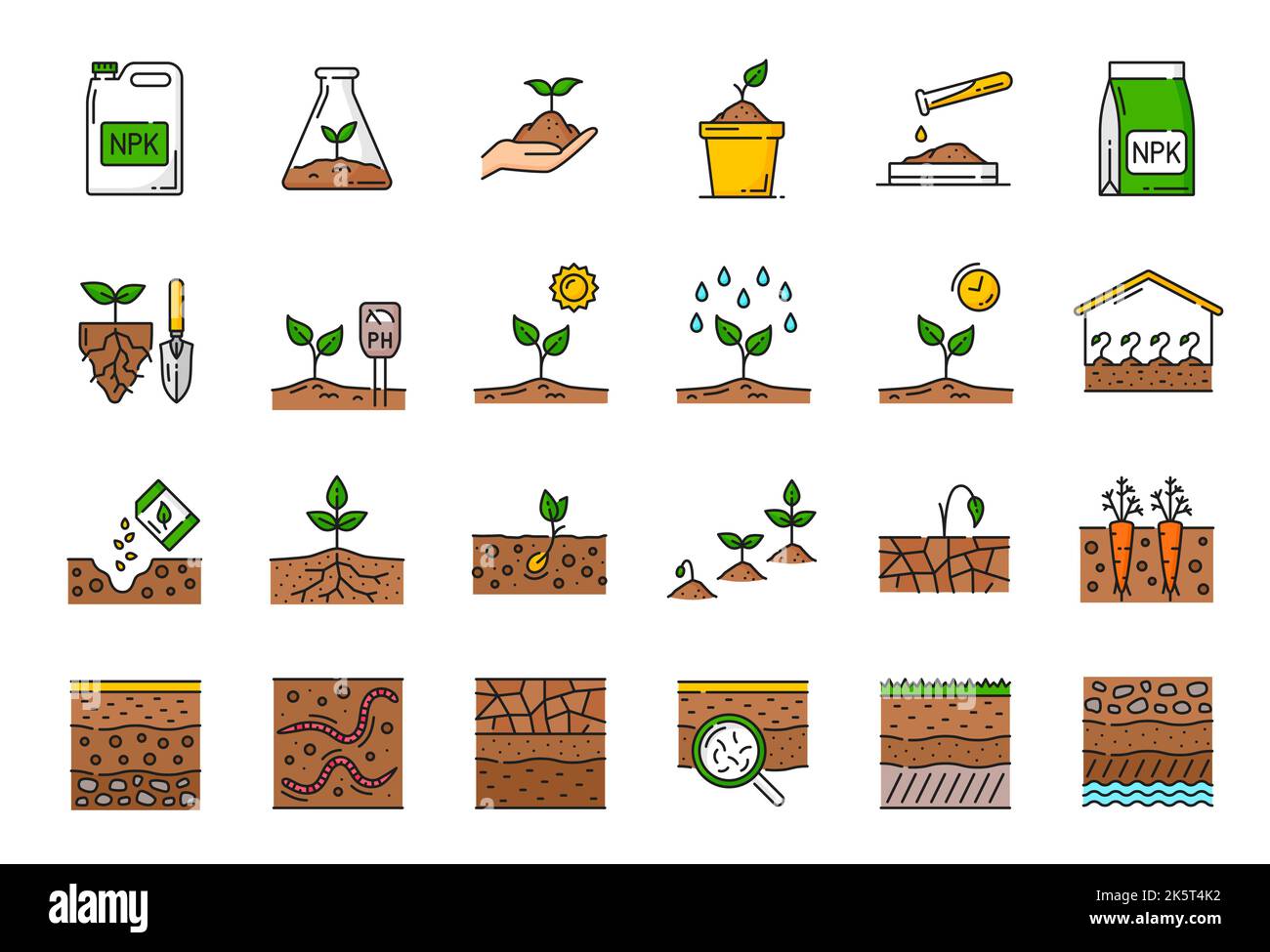 Color ground soil, agriculture and agronomy line icons, vector organic ...