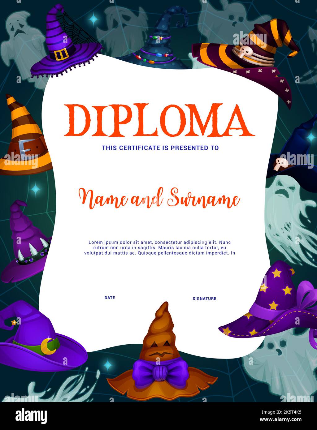 Kids diploma. Cartoon Halloween cobweb with ghosts and witch hats ...