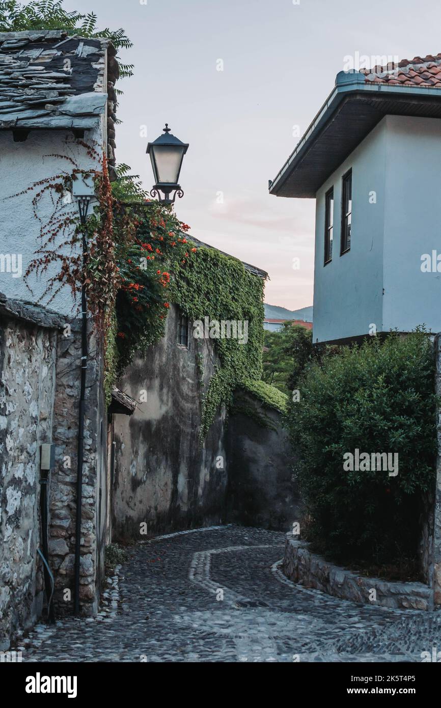 A vertical shot of an empty alleyway between old homes during the ...