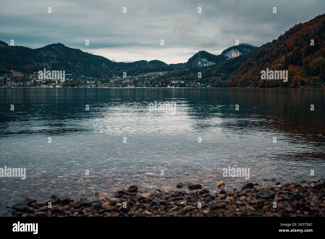 A beautiful view of a Wolfgangsee and a small village in the background ...