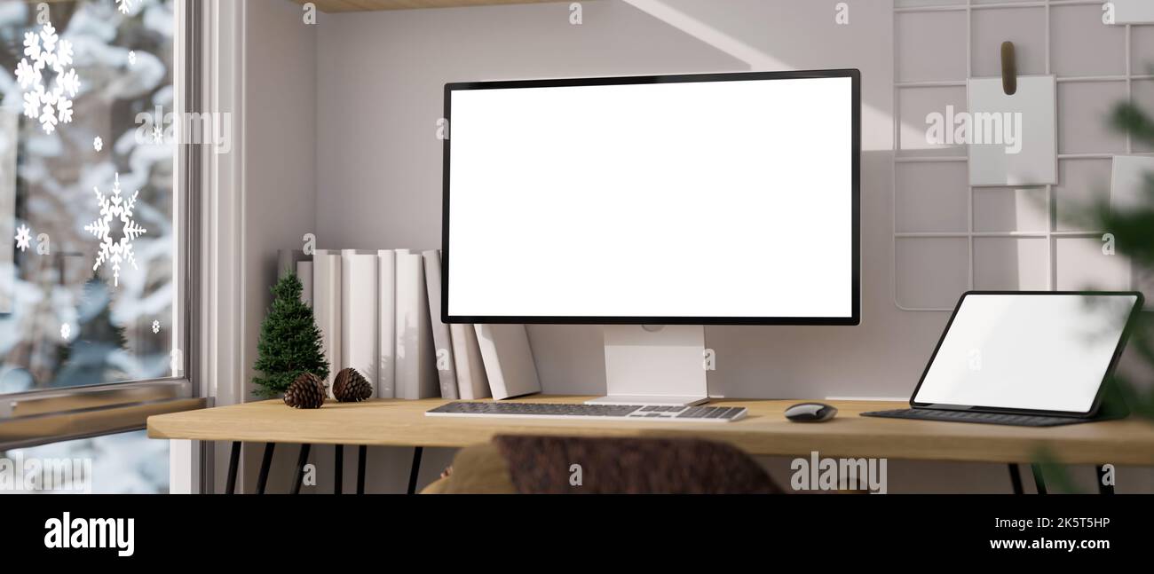 Minimal and cozy home working space near the window with PC desktop ...