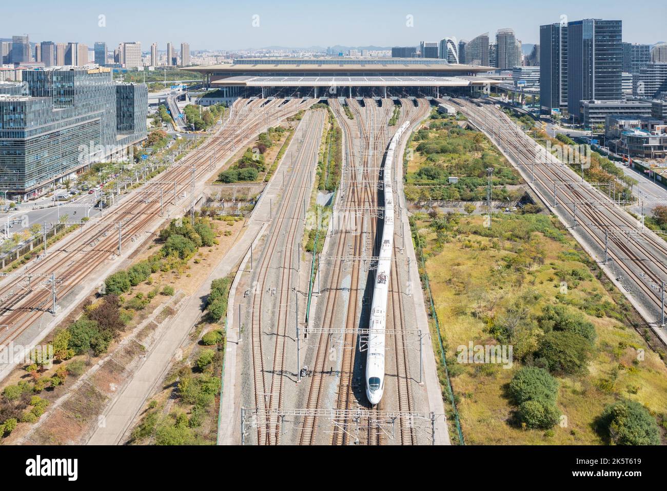 NANJING, CHINA - OCTOBER 11, 2022 - An EMU train pulls out of Nanjing ...