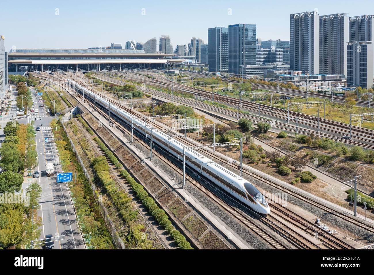 NANJING, CHINA - OCTOBER 11, 2022 - An EMU train pulls into Nanjing ...
