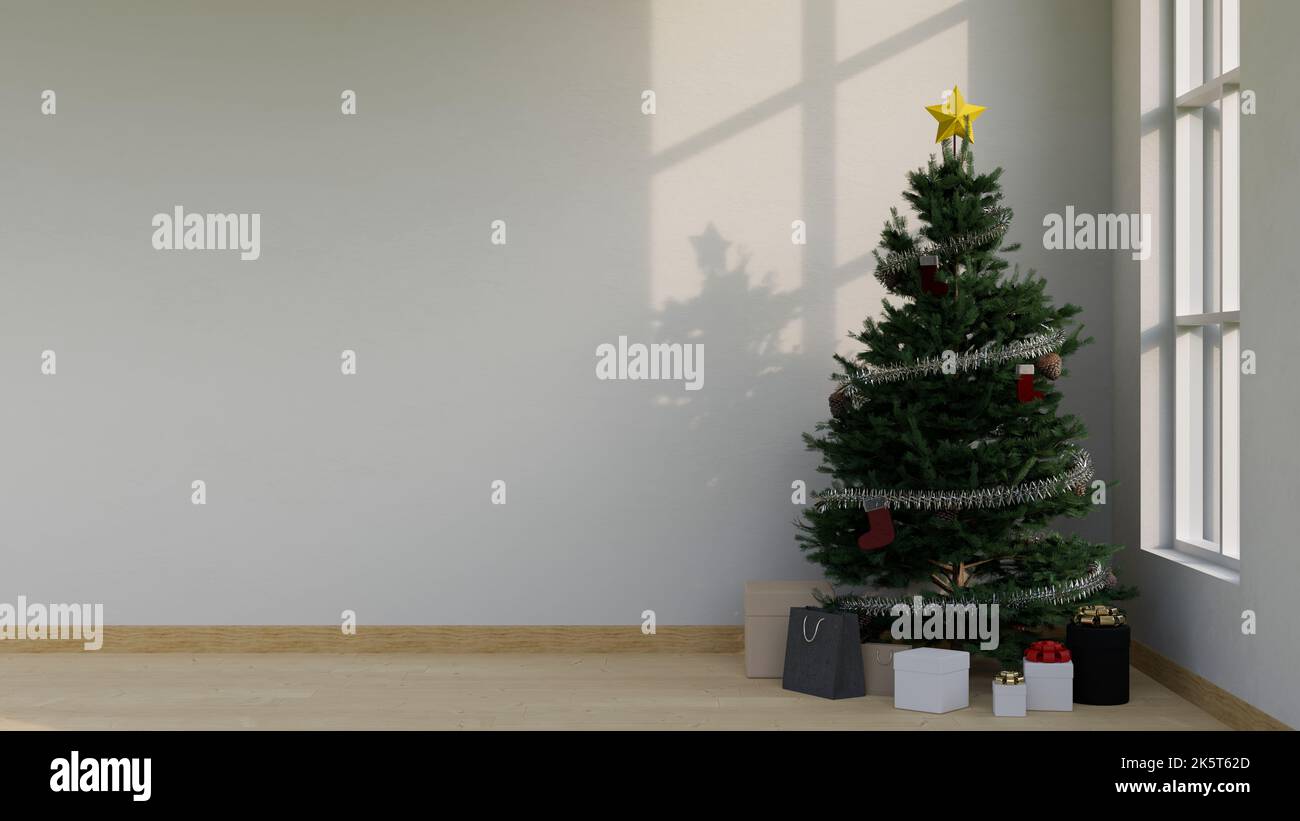 Empty minimal living room on Christmas season with Christmas tree ...