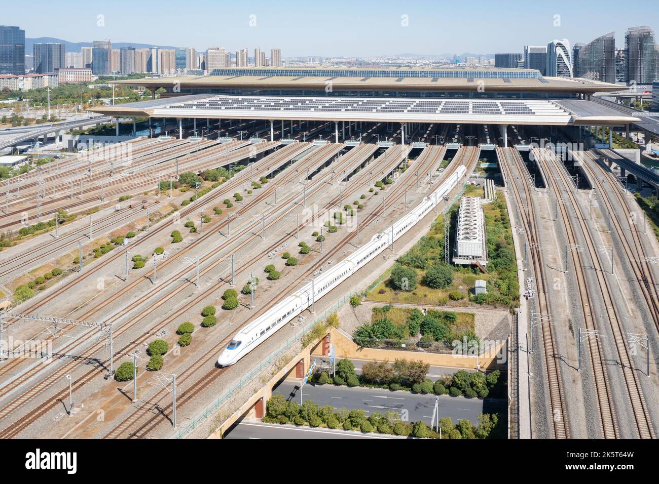 NANJING, CHINA - OCTOBER 11, 2022 - An EMU train pulls into Nanjing ...
