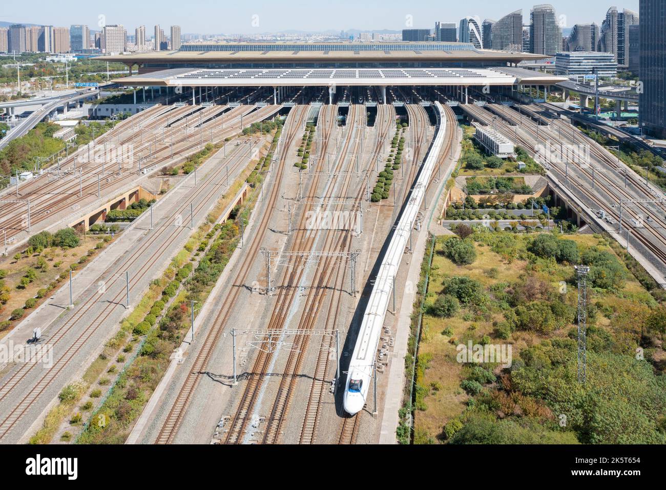 NANJING, CHINA - OCTOBER 11, 2022 - An EMU train pulls into Nanjing ...