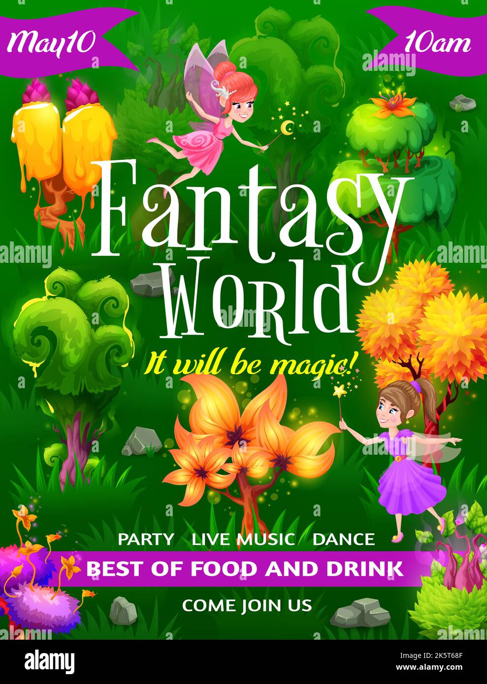 Fantasy world party flyer, fairy characters and fantastic trees ...