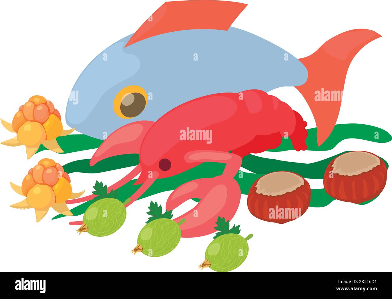 Seafood icon isometric vector. Fresh fish, cooked red crayfish and ...