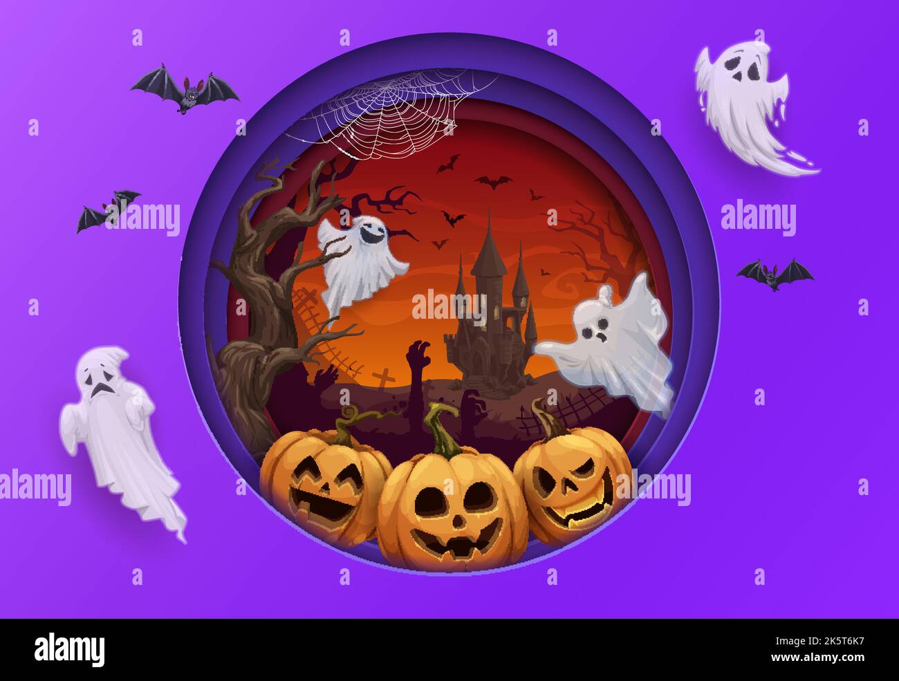 Halloween paper cut with ghosts and castle landscape. Jack o lantern ...