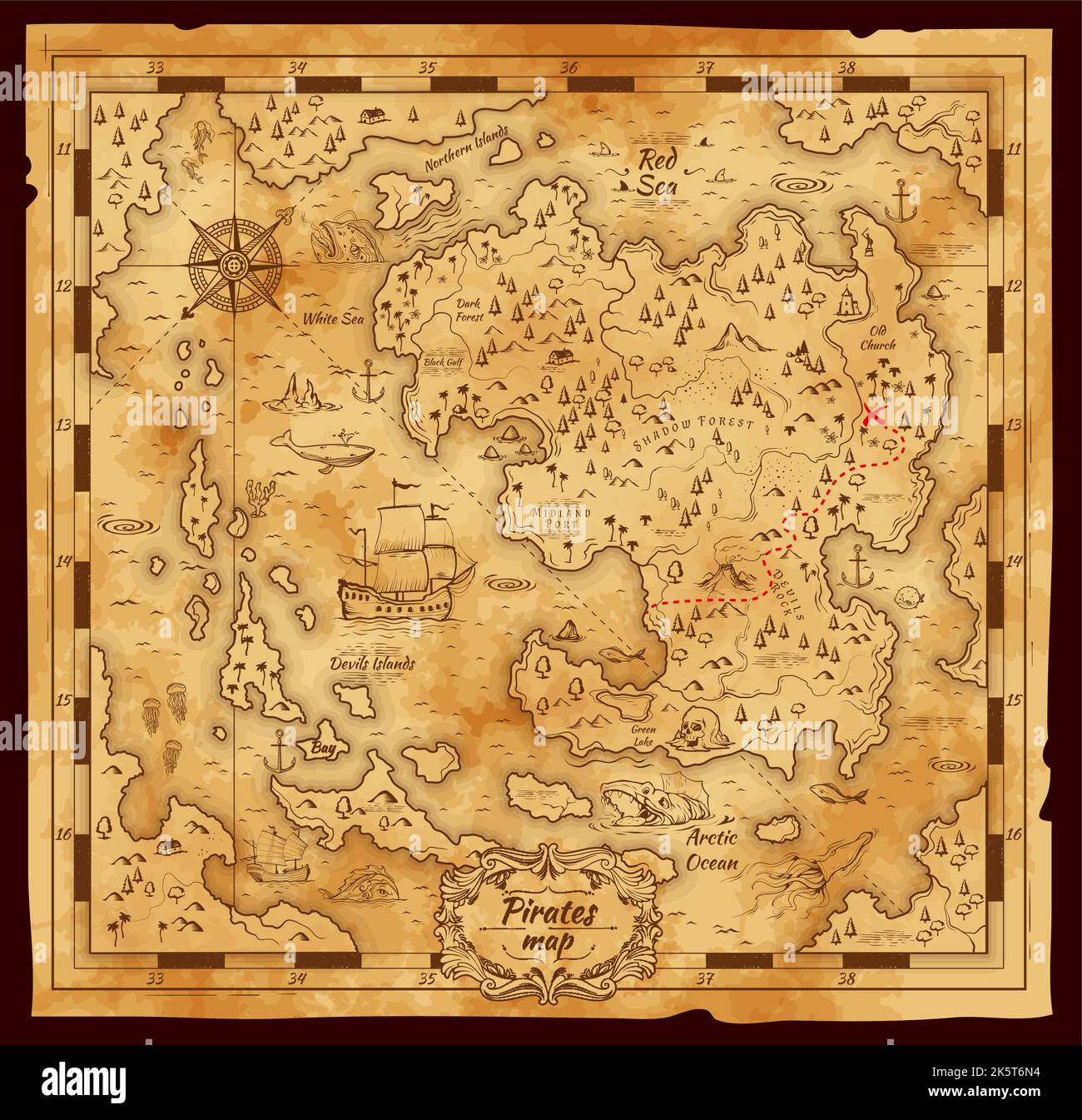 Old pirate treasure map, vector worn parchment with corsair loot ...