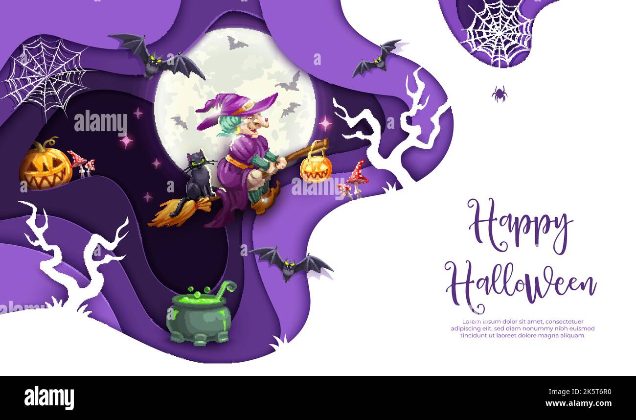 Halloween paper cut flying witch character, black cat on broomstick ...