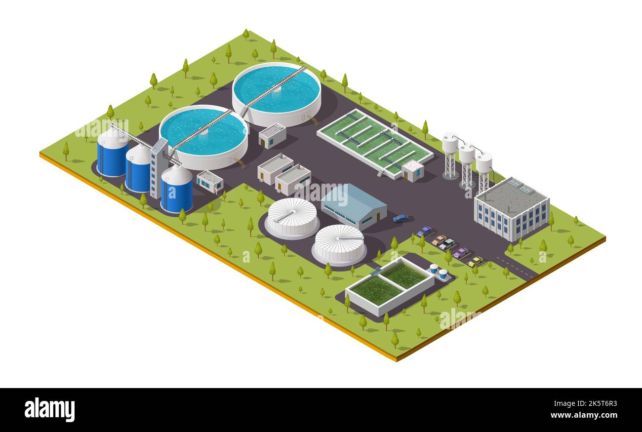 Isometric treatment plant, water sewage and wastewater filtration or ...