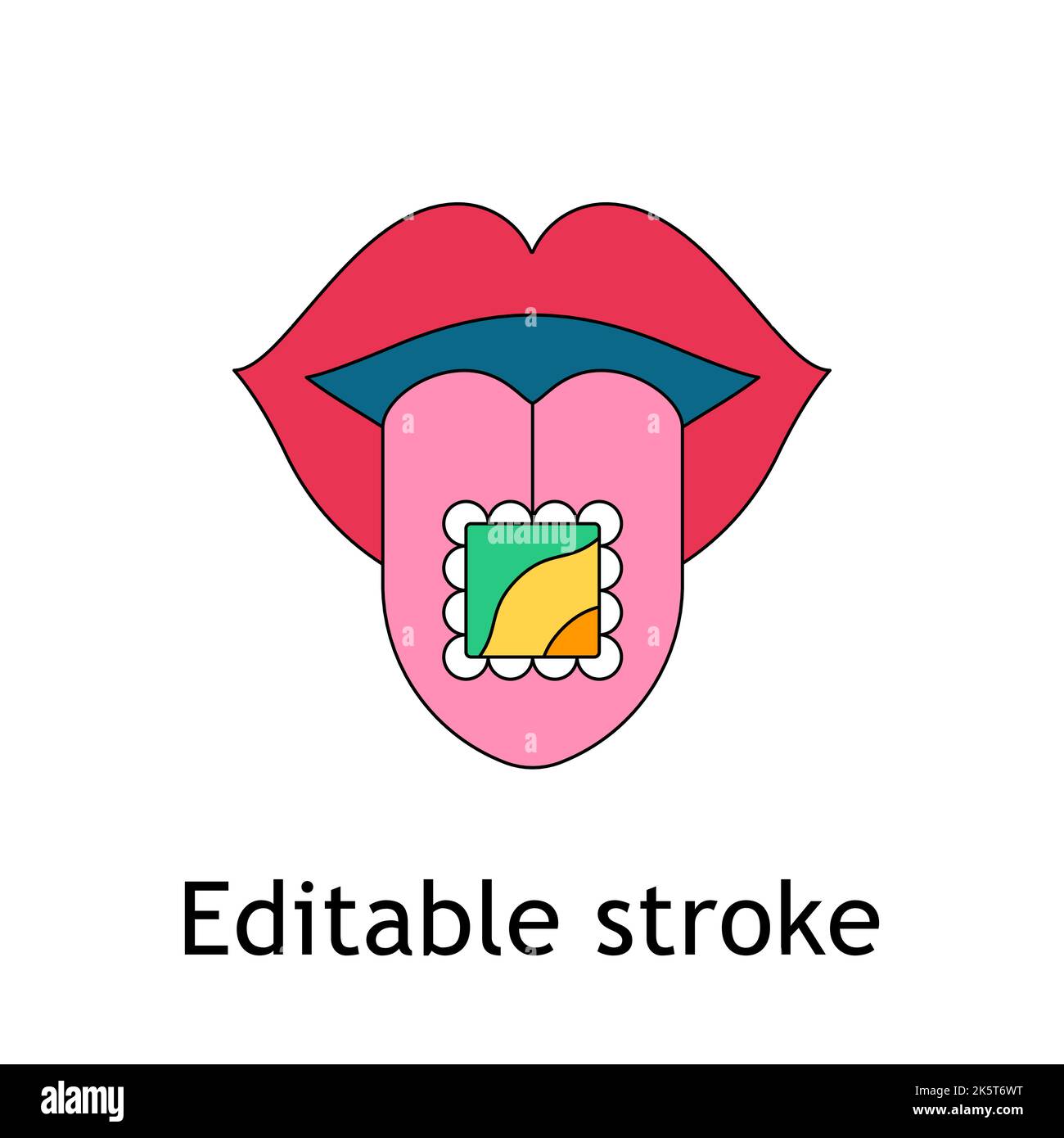 Lsd psychedelic sticker, tongue and blotter. Funky retro 70s groovy stickers. Hippie isolated ...