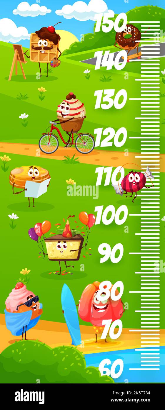 Kids height chart. Cartoon desserts, sweets, cookie and cake characters ...
