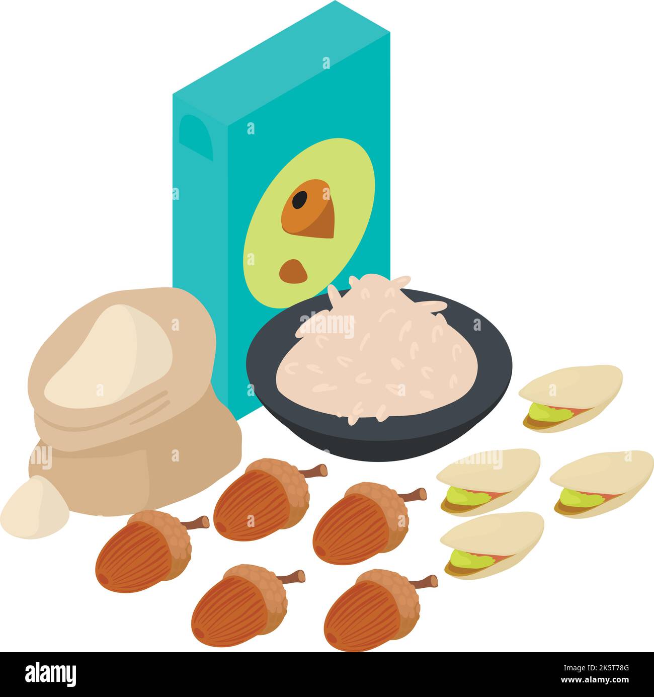 Healthy food icon isometric vector. Flour bag, cup of rice and package ...