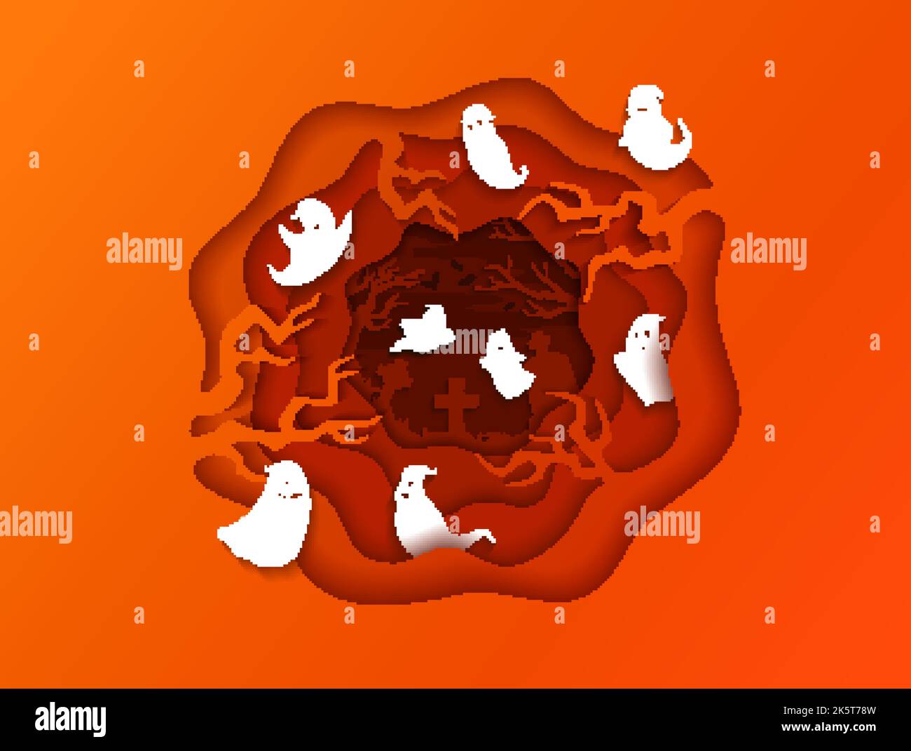 Halloween holiday paper cut with flying ghosts and cemetery. Halloween ...