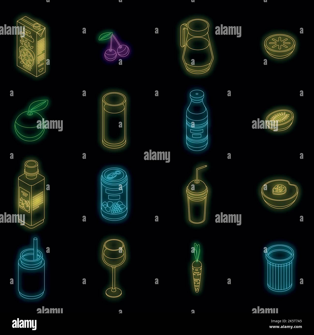 Fresh juice icons set. Isometric set of fresh juice vector icons neon ...