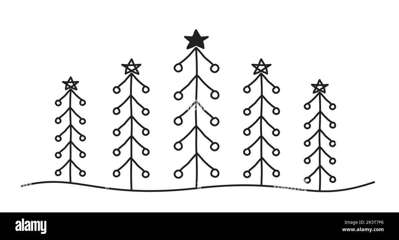 Tangled scribble Christmas Pine Tree forest banner hand drawn with thin ...