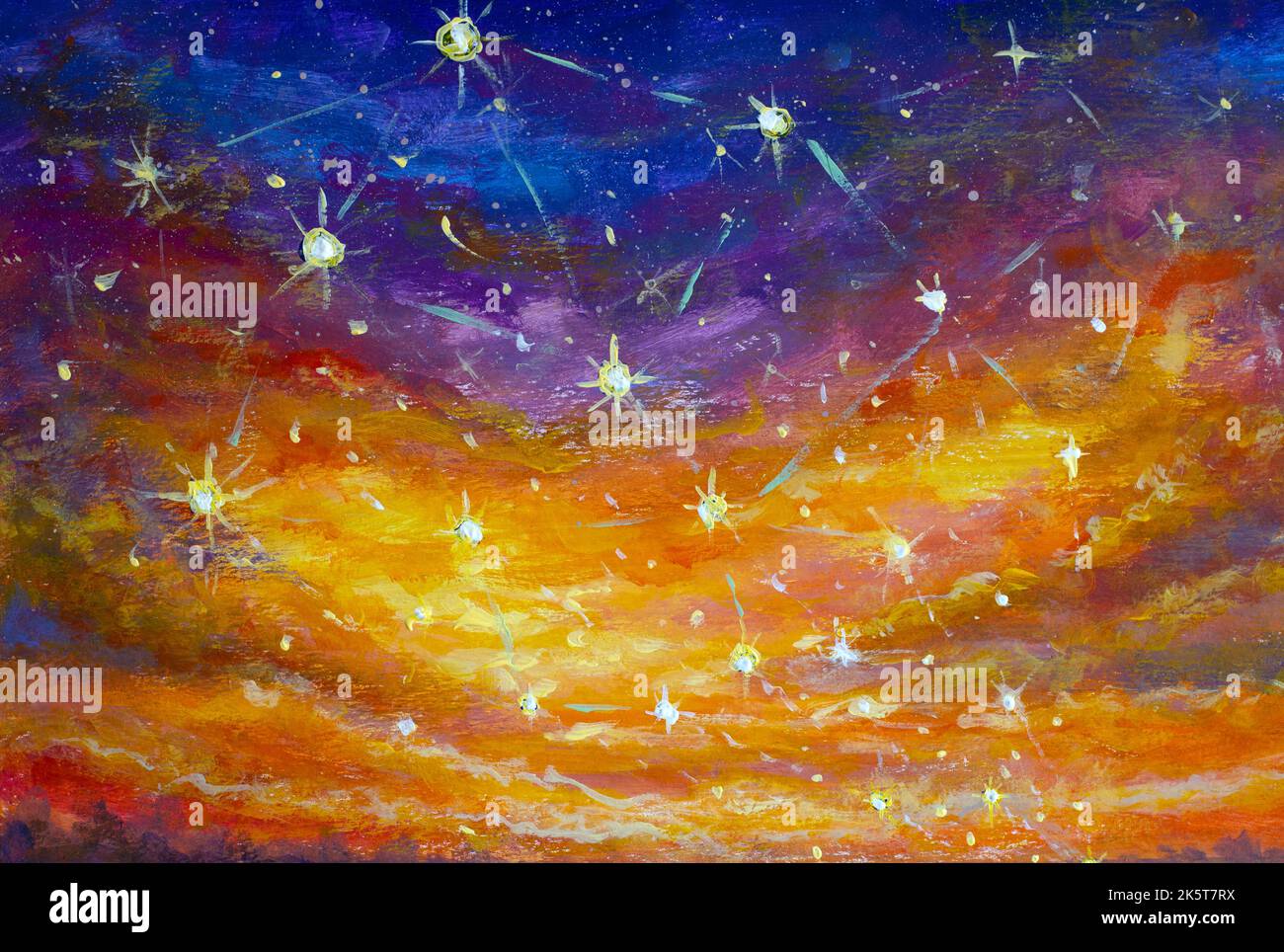 Fairy Sky with Shining Stars at Sunset Oil Painting Impressionism for Children Book Illustration ...