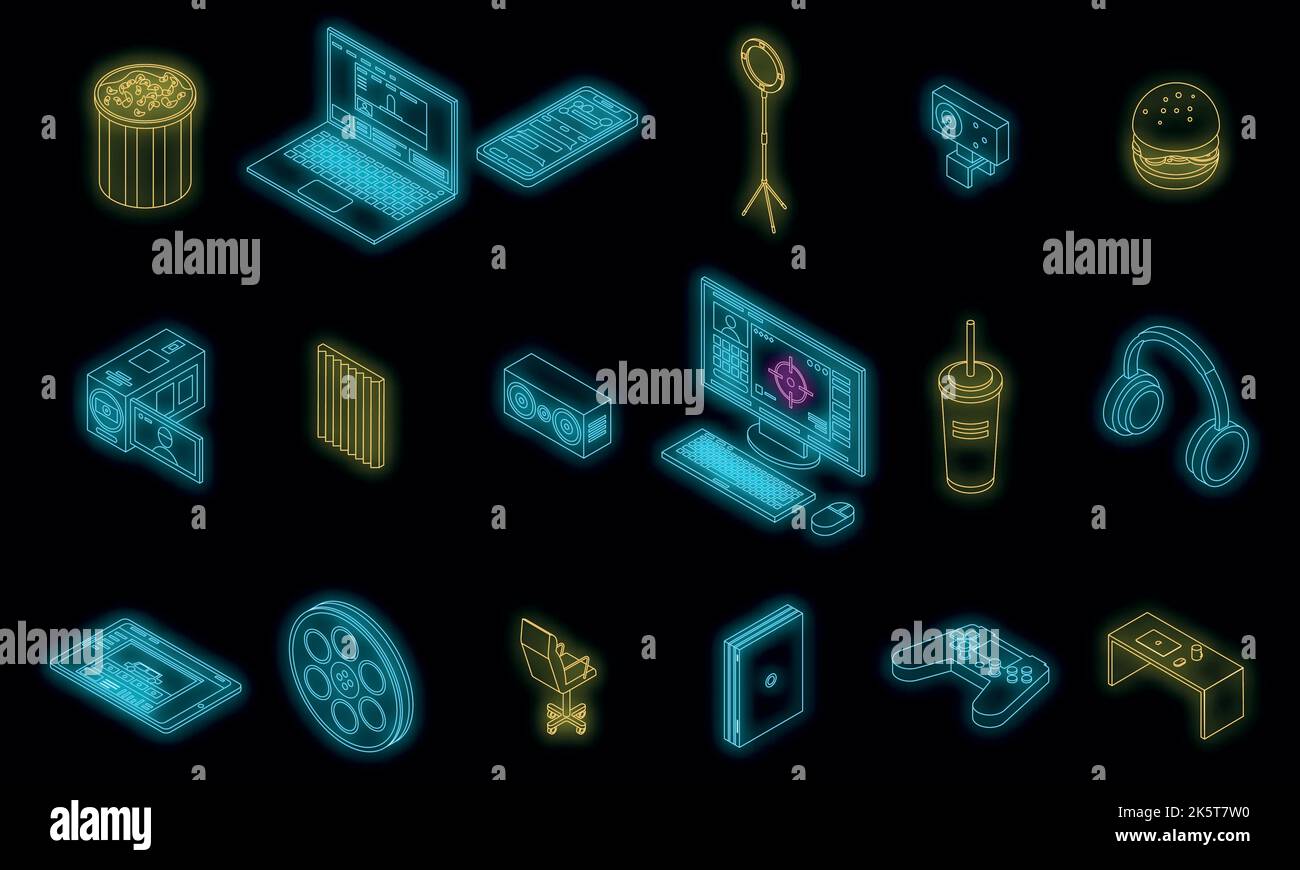 Stream icons set. Isometric set of stream vector icons neon color on black Stock Vector Image ...