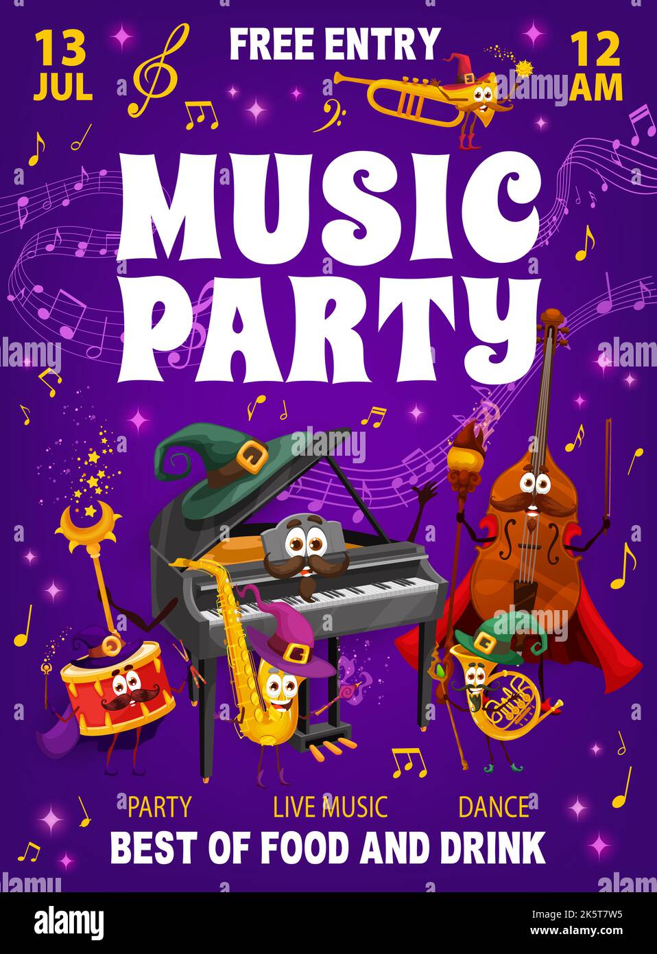 Music party flyer, mage and wizard musical instrument characters ...