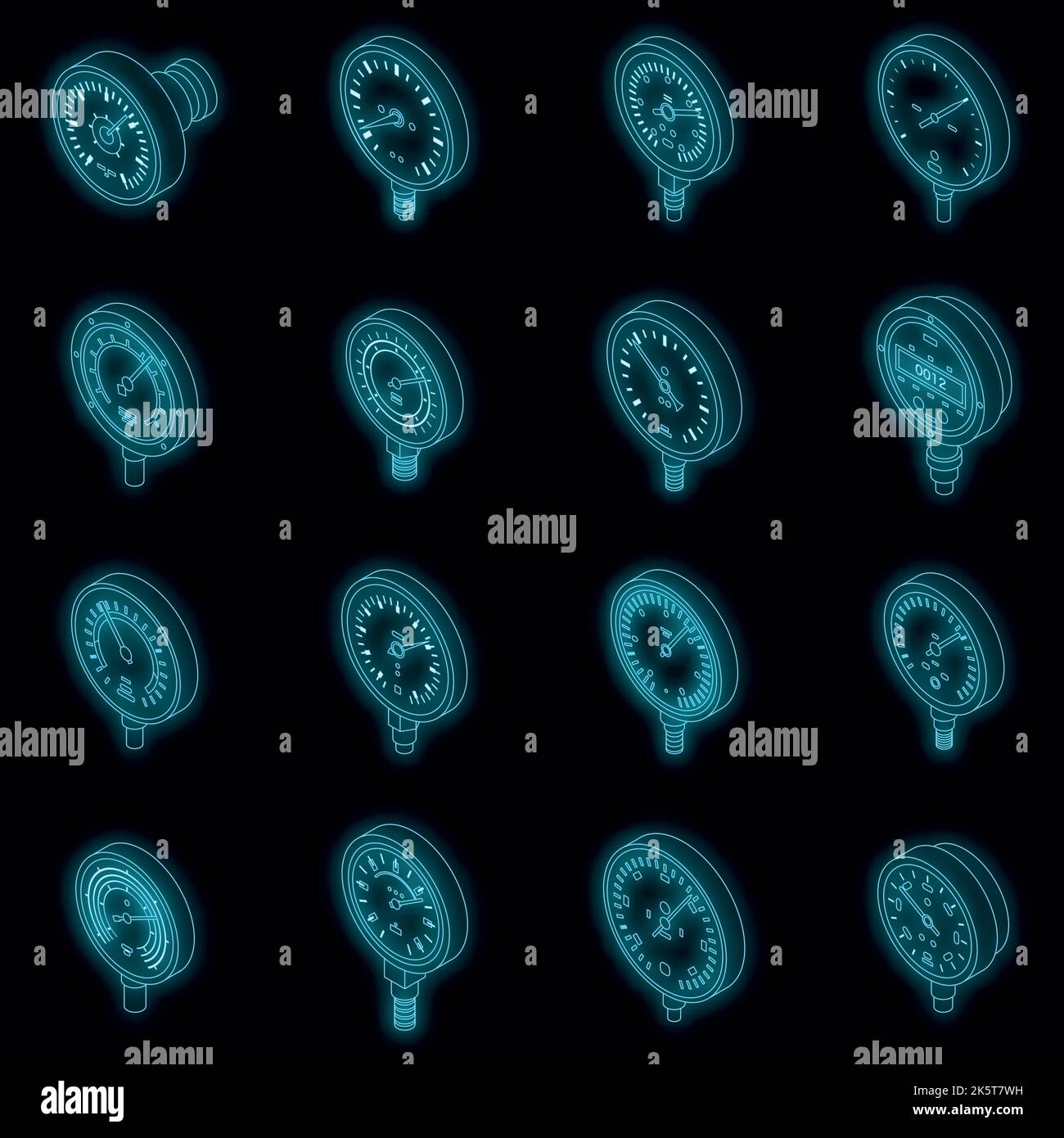 Manometer icons set. Isometric set of manometer vector icons neon color on black Stock Vector ...