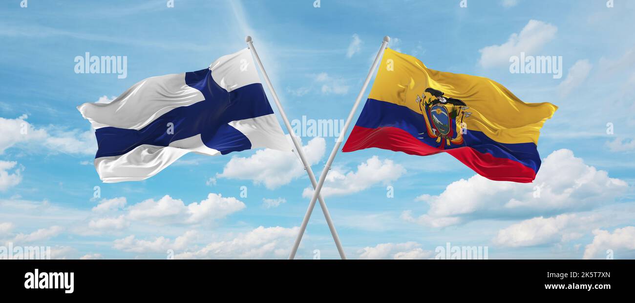 two crossed flags Ecuador and finland waving in wind at cloudy sky ...