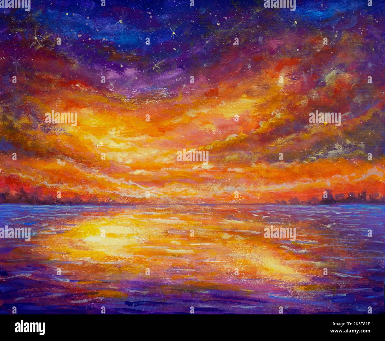 Emotional impressionism beautiful sunset over water Oil painting ...