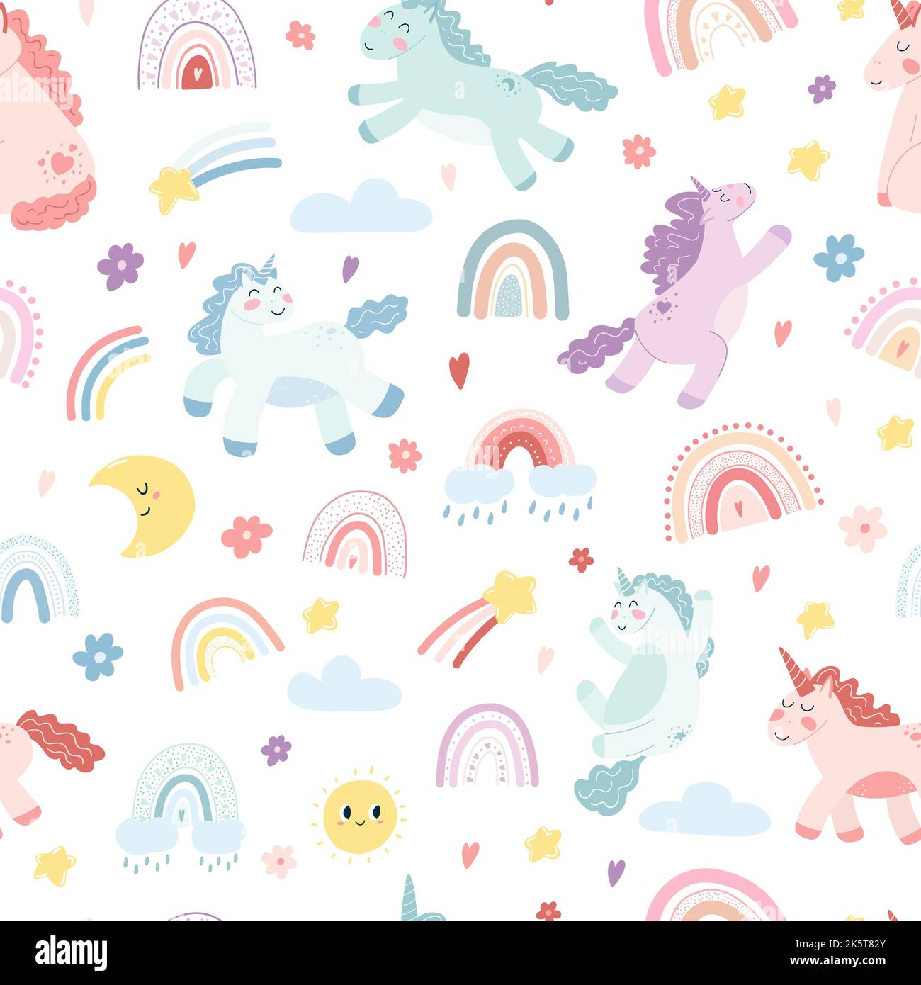 Seamless pattern with unicorns and rainbows on white background. Vector ...