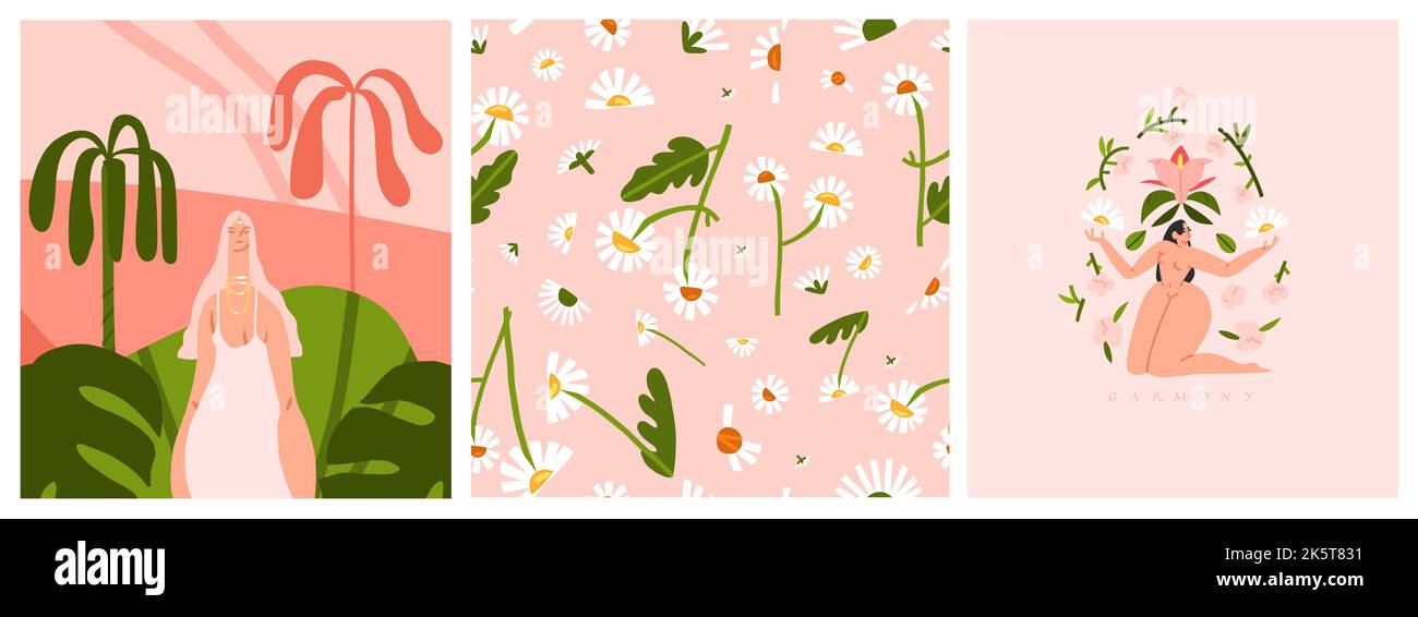 Hand drawn vector abstract modern graphic,clipart illustration of young boho female character in ...