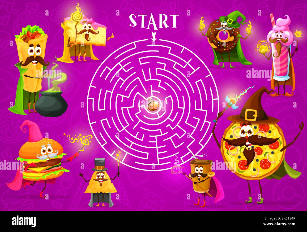 Labyrinth maze, cartoon fast food mage and wizard characters with ...