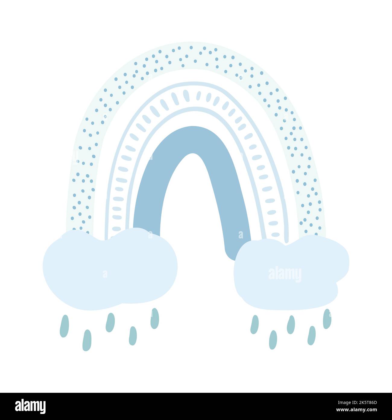Hand drawn cute cartoon rainbow with cloud and raindrops. Vector ...
