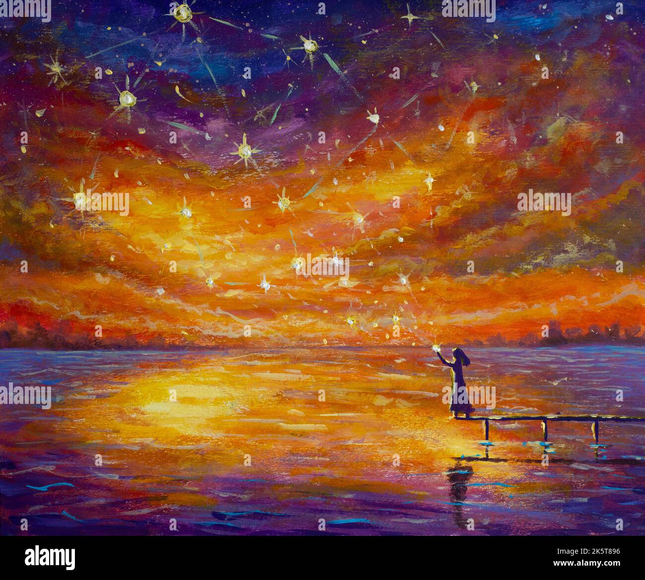 Fairy tale painting illustration of girl on bridge launches magical ...