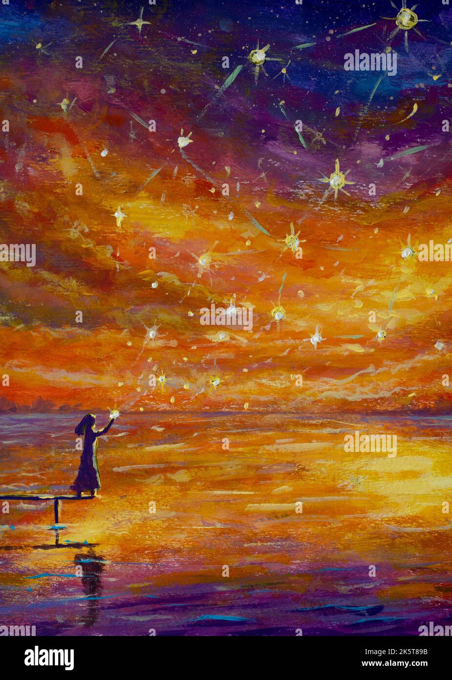 Fairy tale painting illustration of girl on bridge launches magical ...